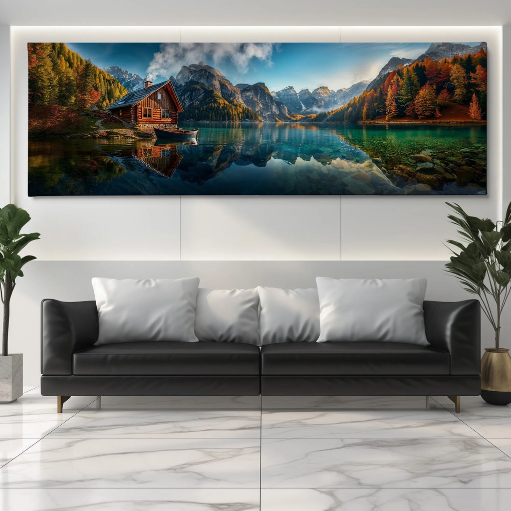 Obraz na plátně - Podzim u jezera ve vyhřáté chatce FeelHappy.cz Velikost obrazu: 180 x 60 cm