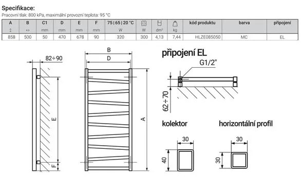 House Level Zet HLZE085050MCEL Radiátor elektrický 85,8x50 cm, tyč GT vlevo,  metalická černá