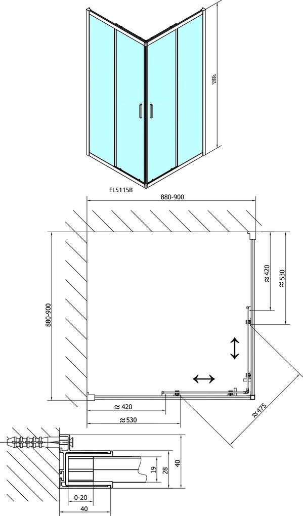 Polysan Polysan, EASY BLACK čtvercová sprchová zástěna 900x900mm, čiré sklo, EL5115B