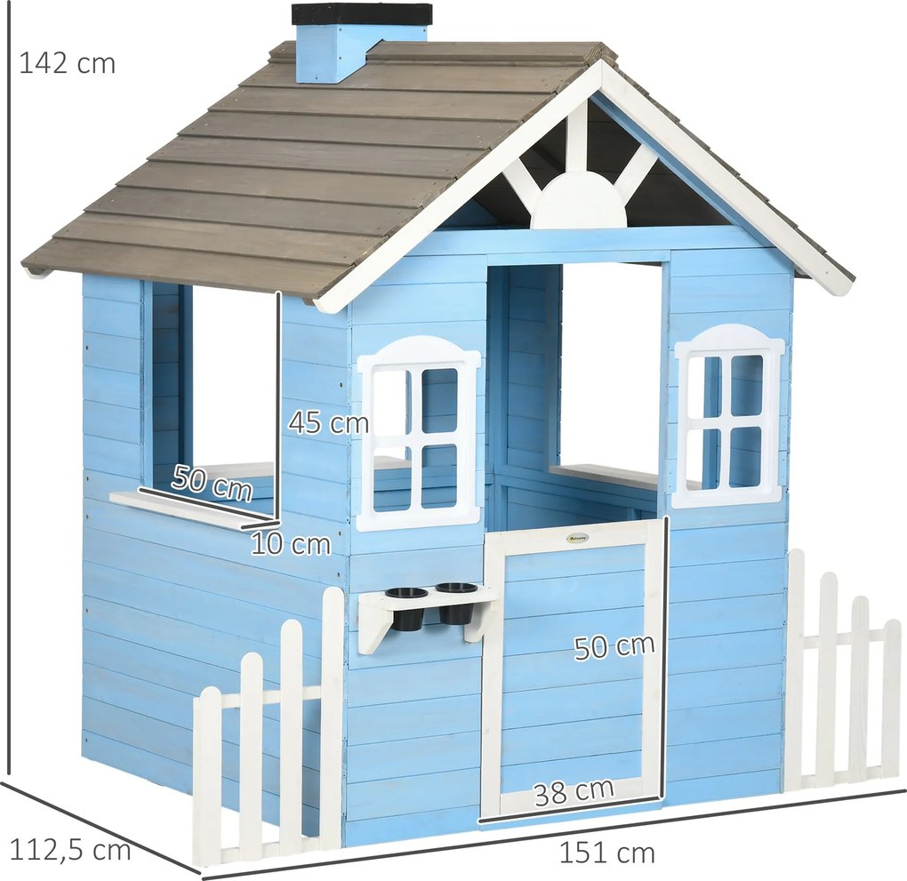Dětský dřevěný domeček Outsunny pro venkovní hraní pro děti 3-7 let s dveřmi, okny, truhlíky a bočními ploty 151x112,5x142 cm Modrá