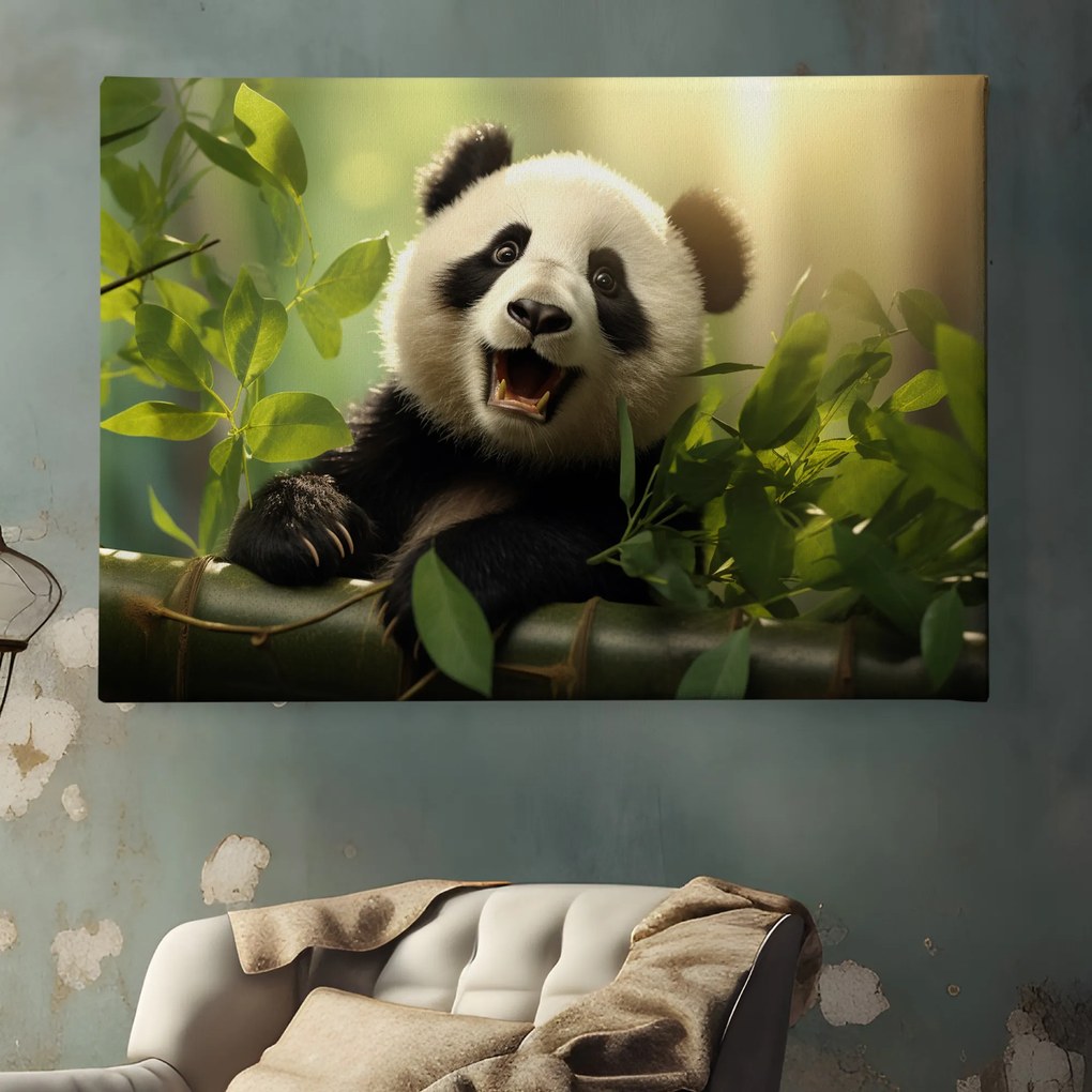 Obraz na plátně - Panda se spokojeně opírá o bambus FeelHappy.cz Velikost obrazu: 120 x 80 cm