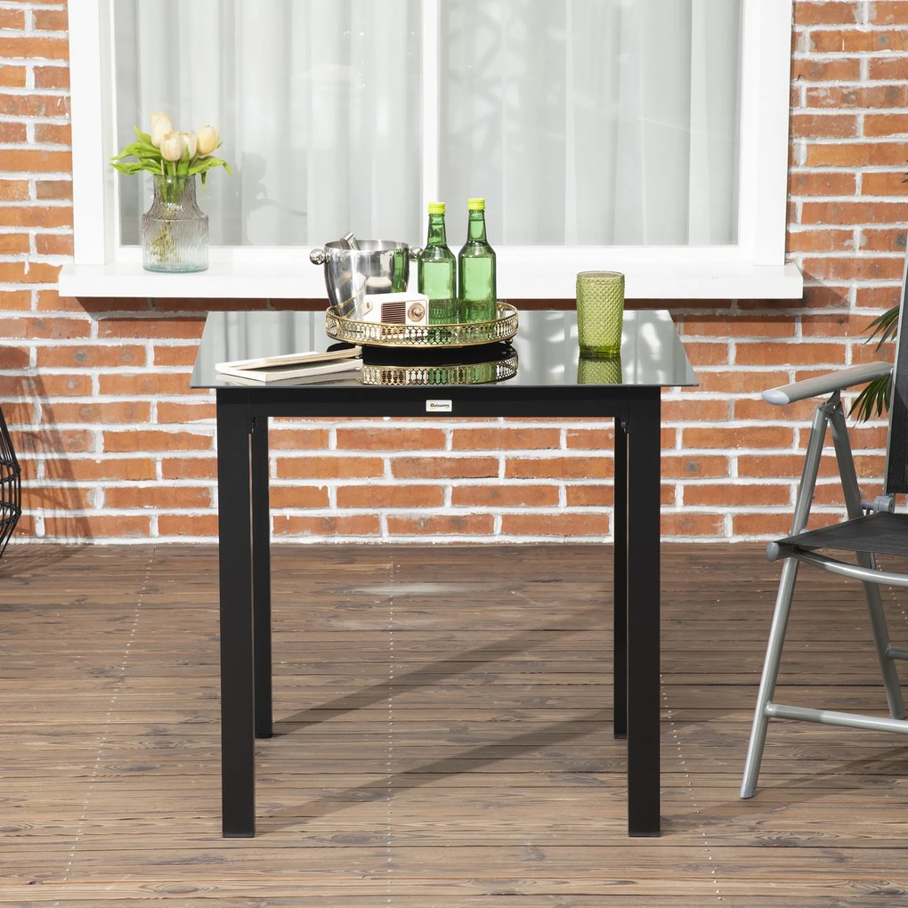 Outsunny zahradní stůl čtvercový pro 4 osoby, stůl na terasu s deskou z tvrzeného skla, hliníková černá 80x80x74cm pro zahradu a balkon | Aosom.de