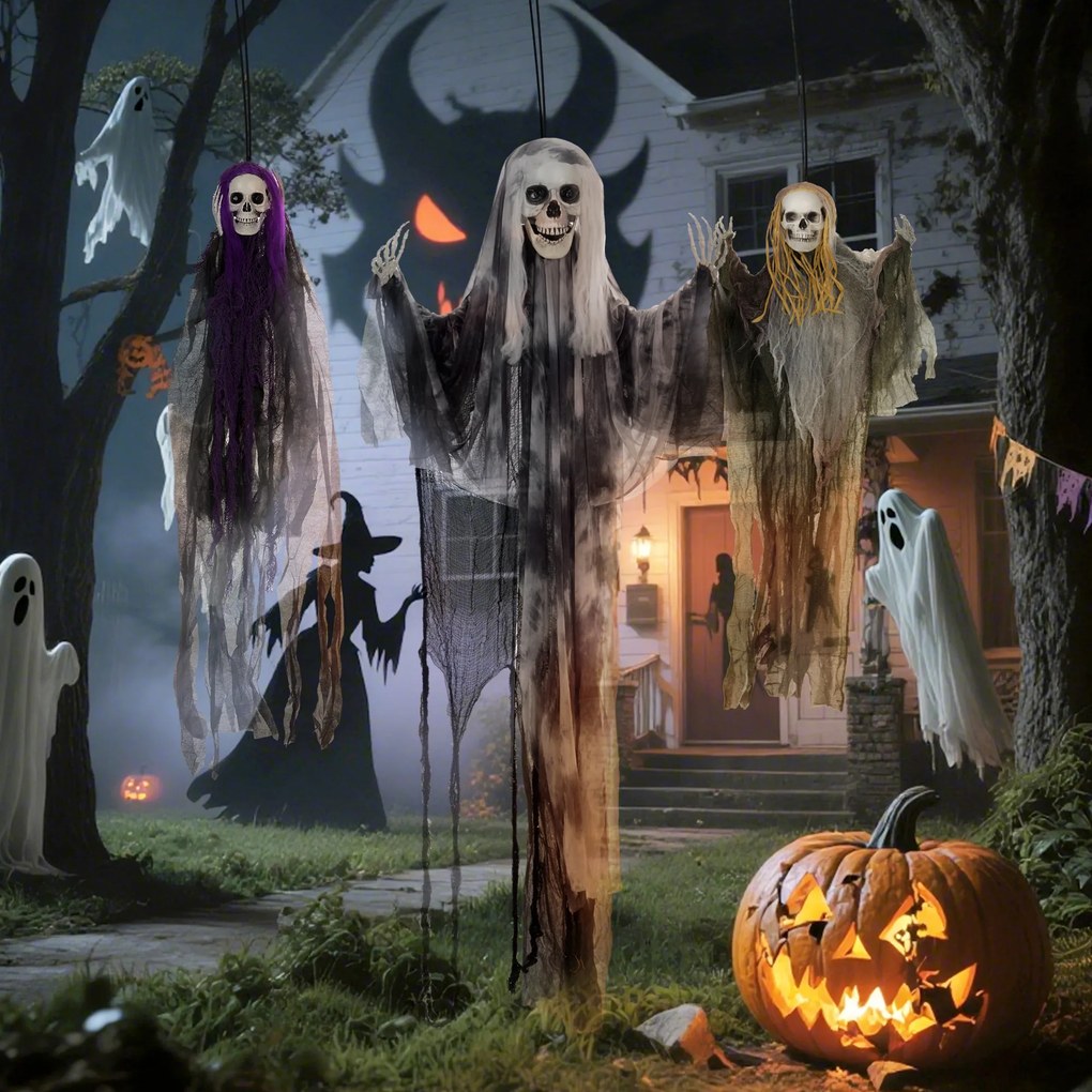 HOMCOM Visící kostlivci-duchové, sada 3 ks, Halloween dekorace, nastavitelná paže, 90/110/200 cm