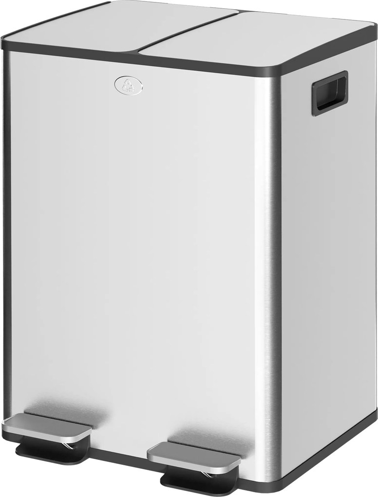 HOMCOM Kuchyňský Odpadkový Koš se 2 Přihrádkami 2x20L Nerezový Koš s Pedálem a Tichým Uzavíráním Víka a Vyjímatelnou Nádobou na Recyklaci Zbytků Jídla