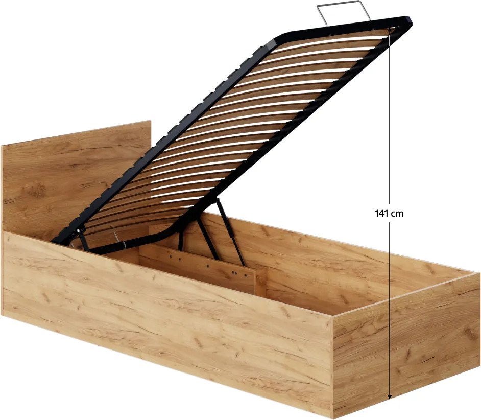Postel s kovovým roštem a úložným prostorem, 90x200, dub craft zlatý, DOLI