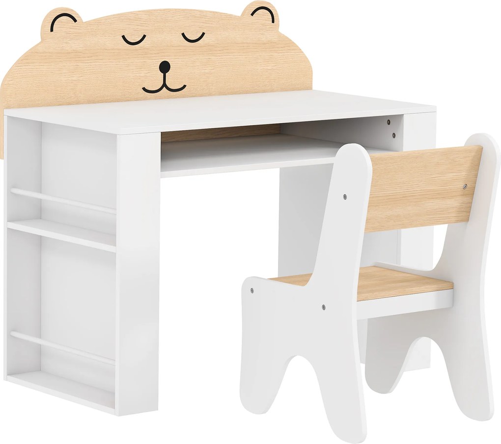 AIYAPLAY dětský stůl se židlí 2dílná dětská sezení s knihovnou a úložným prostorem, design medvěd pro děti 3-8 let, bílé
