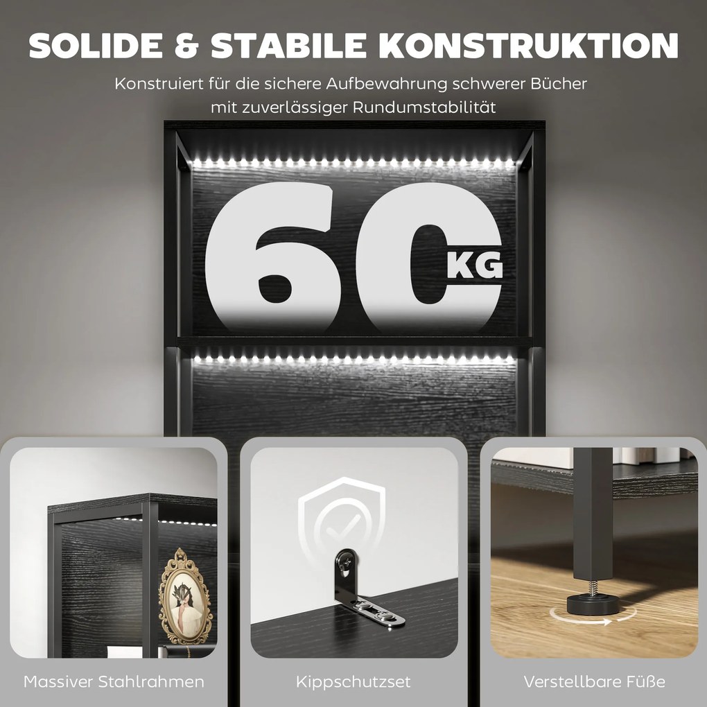 HOMCOM Knihovna s 5 policemi, volně stojící regál s LED osvětlením, 7 barev světla, do obývacího pokoje, 60 x 30 x 179 cm, černá