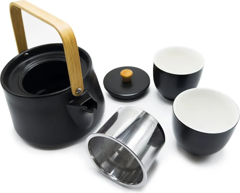 Porcelánová čajová souprava Strala, 0,9 l – matná černá, dřevěné detaily, 2 šálky
