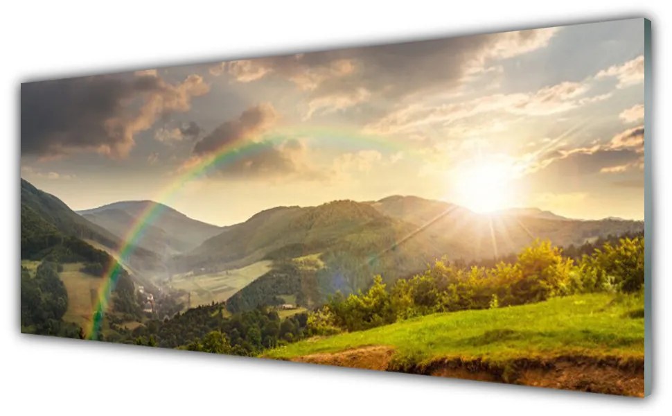 Plexisklo-obraz Louka Hory Západ Slunce 125x50 cm