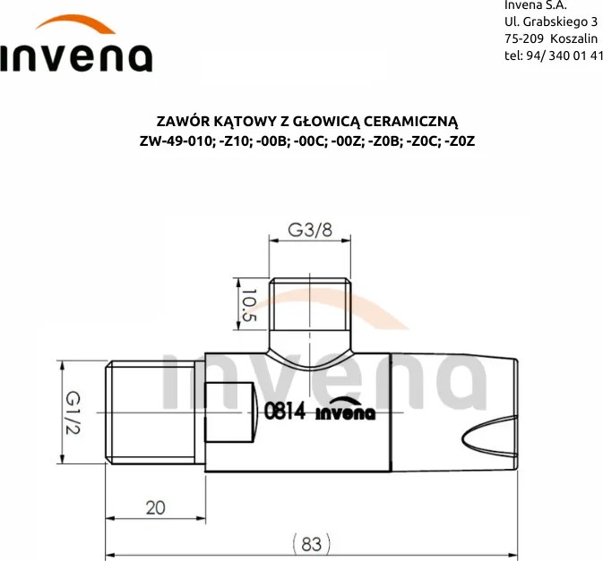 Invena Invena, úhlový ventil s keramickou hlavou 1/2" X 3/8", černá matná, INV-ZW-49-00C-W
