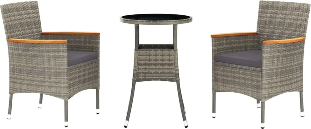 3dílný zahradní bistro set s poduškami šedý polyratan 3187424