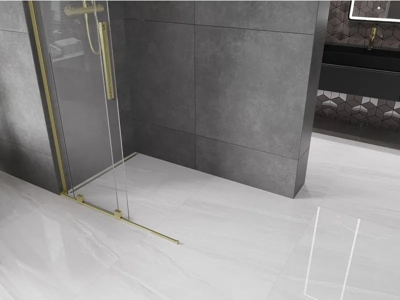 Mexen Velar L, posuvná sprchová zástěna Walk-in 110 x 200 cm, 8mm čiré sklo, zlatá matná, 871-110-003-03-55