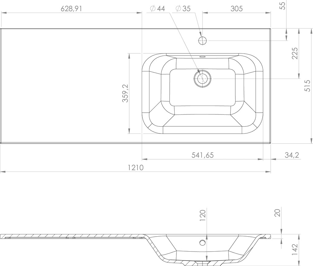 Sapho Sapho, LOREA skříňka 120x46x51, 5cm (30P+90cm), pravá, dub collingwood/černá matná, LE090-1935-R-06