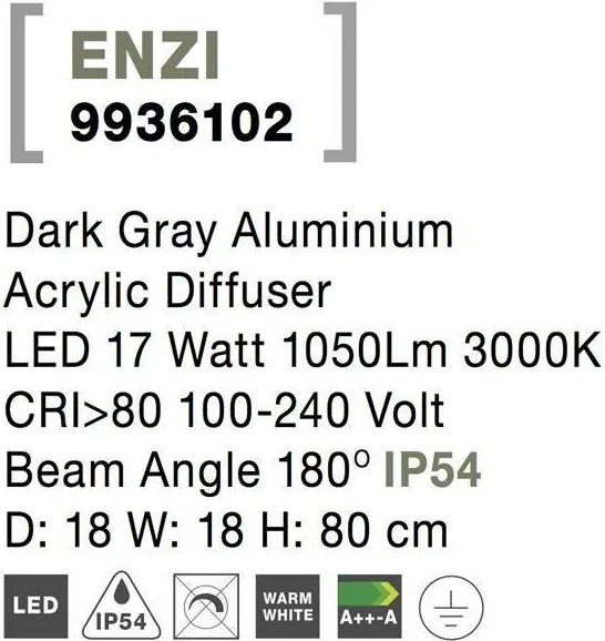 NV 9936102 Venkovní sloupkové svítidlo ENZI tmavě šedý hliník akrylový difuzor LED 15W 3000K 100-240V 180st. IP54 - NOVA LUCE