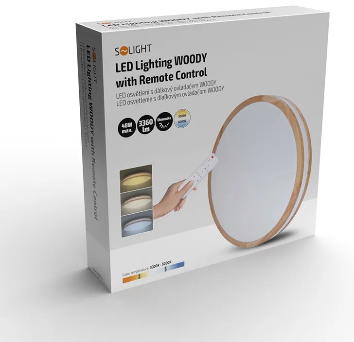Solight LED osvětlení s dálkovým ovladačem Woody, 48W, 3360lm, 38cm, změna chromatičnosti, stmívatelné