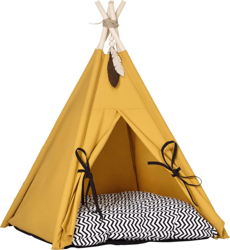 PawHut Tipi Stan pro Domácí Zvířata, Stan pro Kočky s Vyměnitelným a Pratelným Polštářem, Kočičí Dům s Protiskluzovým Spodkem, Hračková Kulička, pro K
