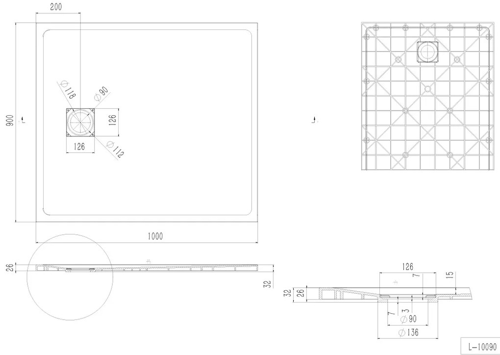 Erga Hyper, SMC sprchová vanička 100x90x2, 6 cm + sifon, bílá matná, ERG-V06-SMC-9010S-WH