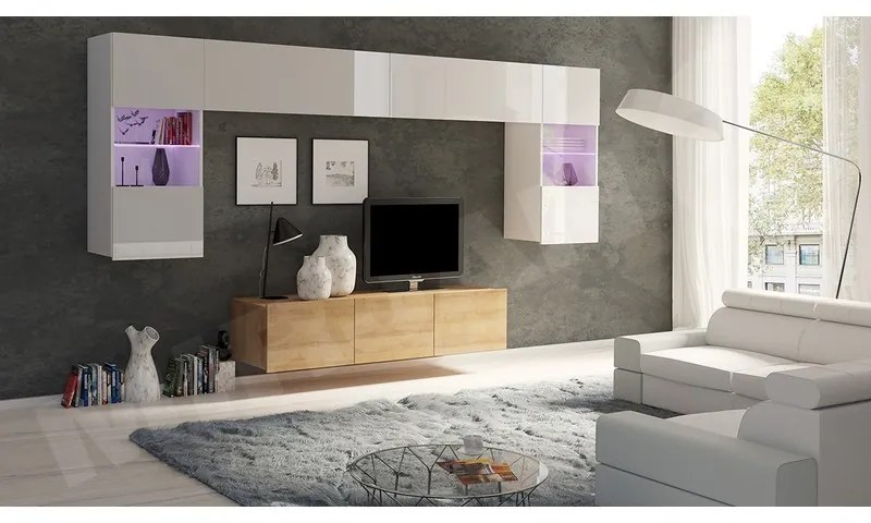 Obývací stěna Bralani II, Barva: bílá / bílá lesk, Osvětlení: osvětlení LED - modré
