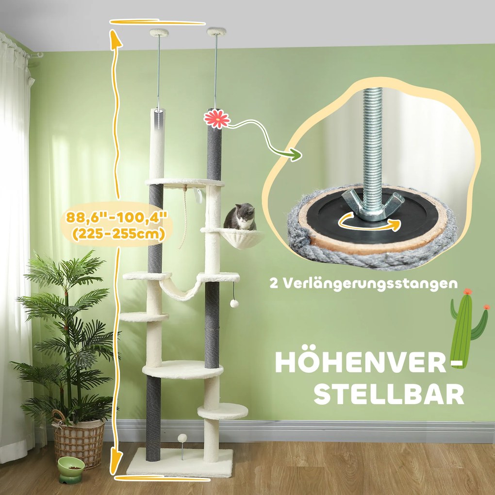 PawHut škrabadlo stropní vysoké, strom pro kočky, 225-255 cm škrabadlo pro kočky s houpacími sítěmi, škrabadla, košík, hrací míč, nábytek pro kočky s…