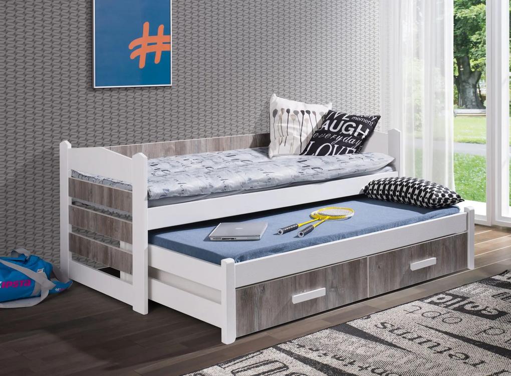 Rozkládací postel Tiago s úložným prostorem 80x200 cm (Š 87 cm, D 205 cm, V 76 cm), Bílý akryl, Dub šedý PVC, 2 ks matrace (1 ks hlavní + 1 ks přistýlka)