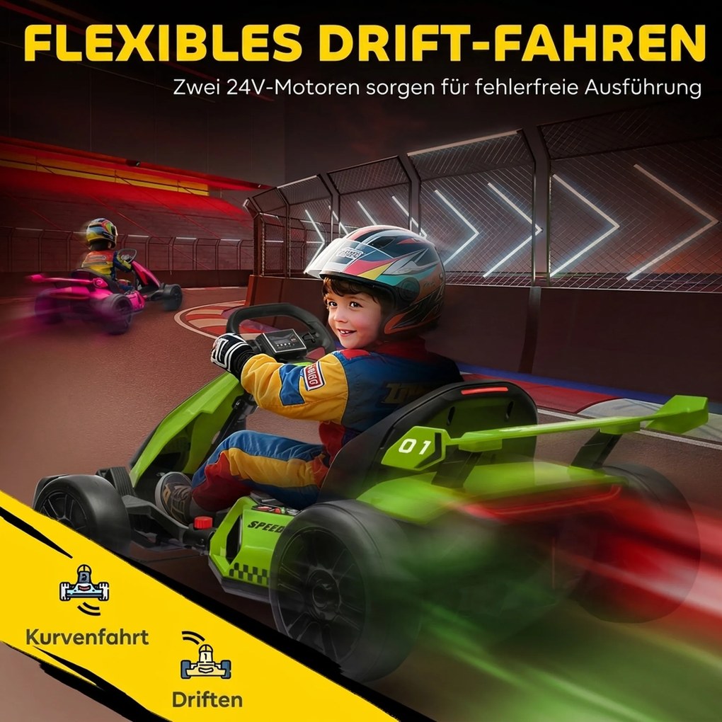 HOMCOM Elektrické Go-Kart pro Děti 6-12 Let 24V 6-12km/h s Nastavitelným Sedadlem, 2 Motory, Drift Go-Kart s Klaksonem, Světly a Hudbou, Zelené