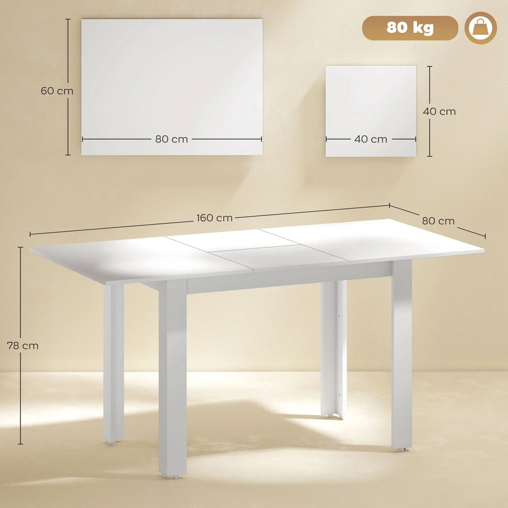 HOMCOM Rozkládací jídelní stůl, 120-160 x 70 cm, nastavitelný kuchyňský stůl pro 4-6 osob, MDF, vysoký lesk bílá