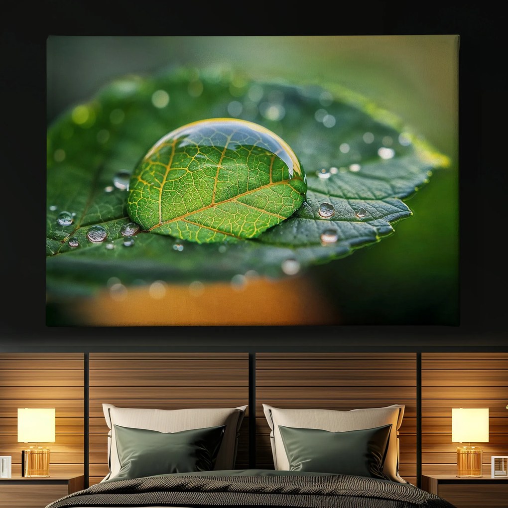Obraz na plátně - Kapka vody na listu FeelHappy.cz Velikost obrazu: 150 x 100 cm