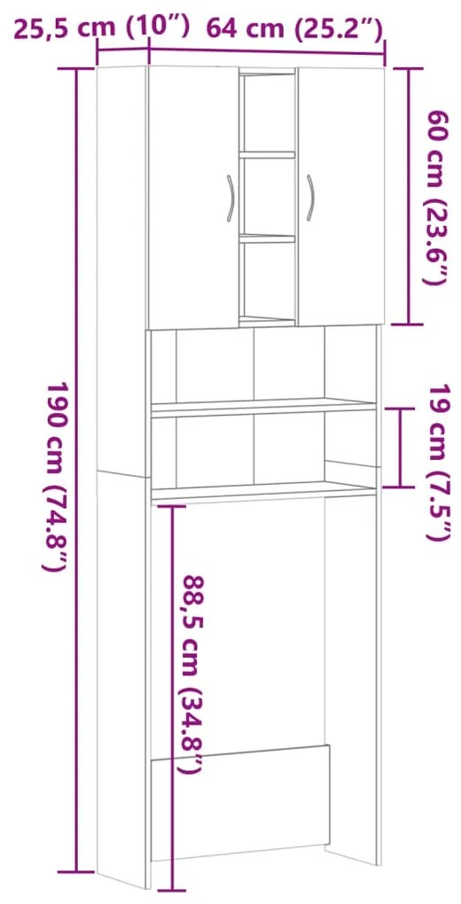 vidaXL Marketos Skříňka nad pračku betonově šedá 64 x 25,5 x 190 cm