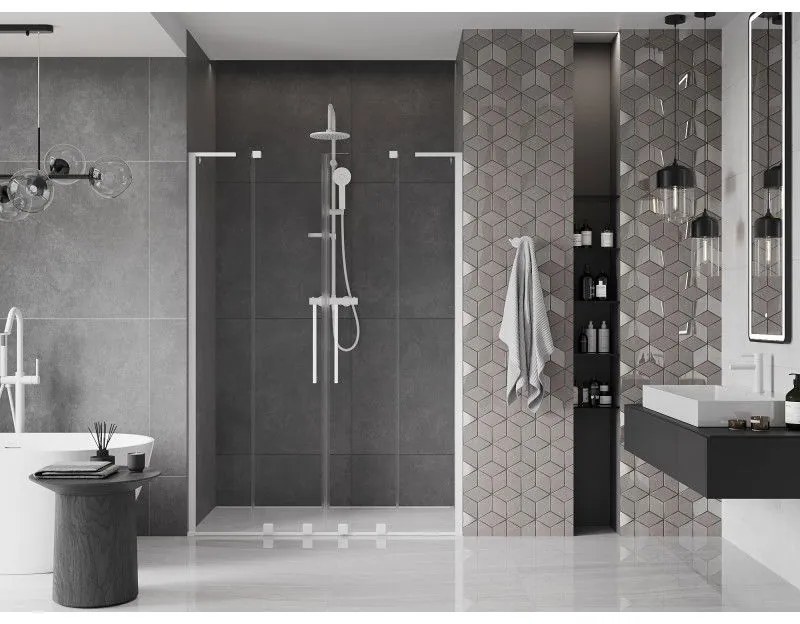 Mexen Velar L Duo, posuvné sprchové dveře do otvoru 140 cm, 8mm čiré sklo, bílá matná, 871-140-003-02-20