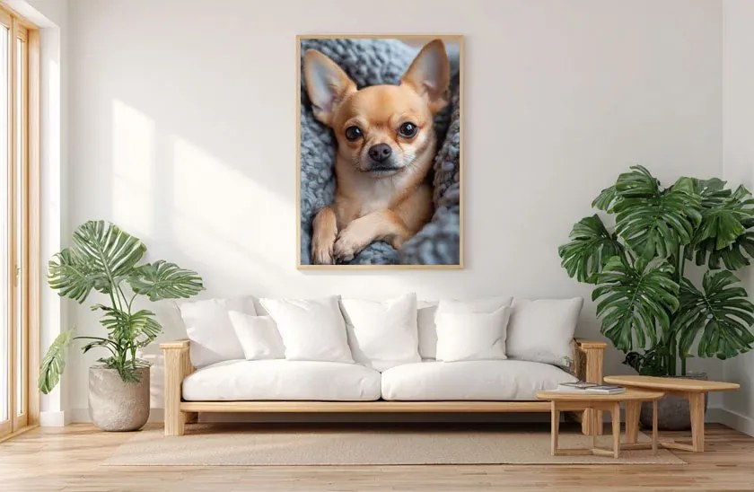 Mazlivý společník - obraz - Roztomilá čivava v hebkém pelíšku 17 - 70 x 100 cm - 1 149 Kč