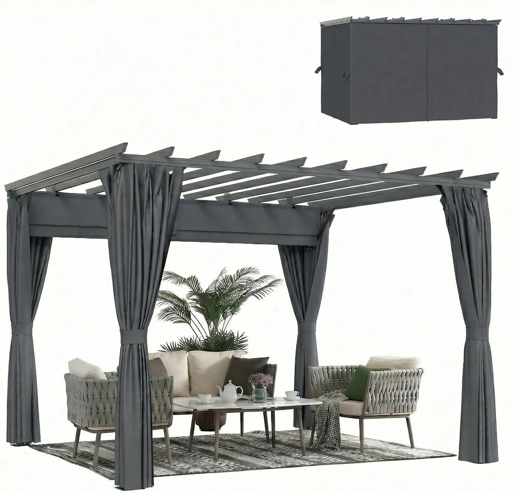 Outsunny pergola přibližně 3,6 × 3,0 m — hliníkové zastřešení terasy se zatahovací střechou, volně stojící, tmavě šedá | Aosom