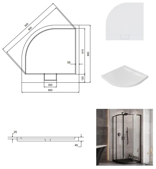 Besco Axim UltraSlim čtvrtkruhová sprchová vanička, black stone Rozměr vaničky: 80x80cm