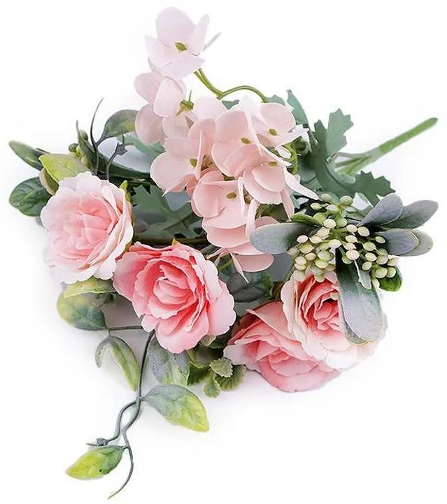 Umělé kytice růže, hortenzie - 2 růžová světlá