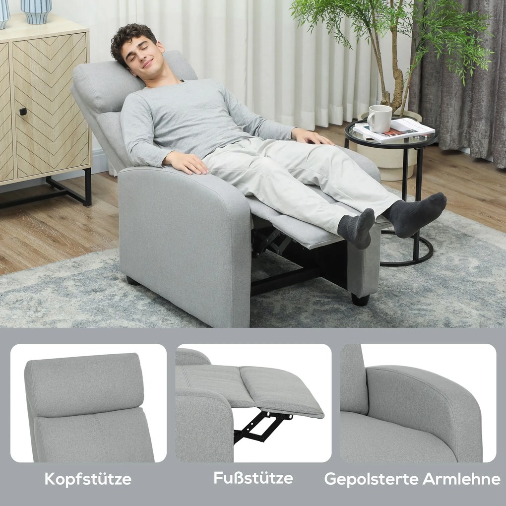 HOMCOM Relaxační křeslo, nastavitelné 135°, vysouvací podnožka, polstrovaná opěradla, lněný/polyester, světle šedá
