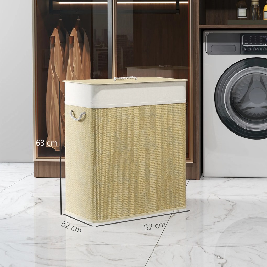 HOMCOM Bambusový koš na prádlo s víkem 100L Koš na prádlo se 2 přihrádkami a vyjímatelným vnitřním pytlem pro laundry room a ložnici 52x32x63 cm Přír…