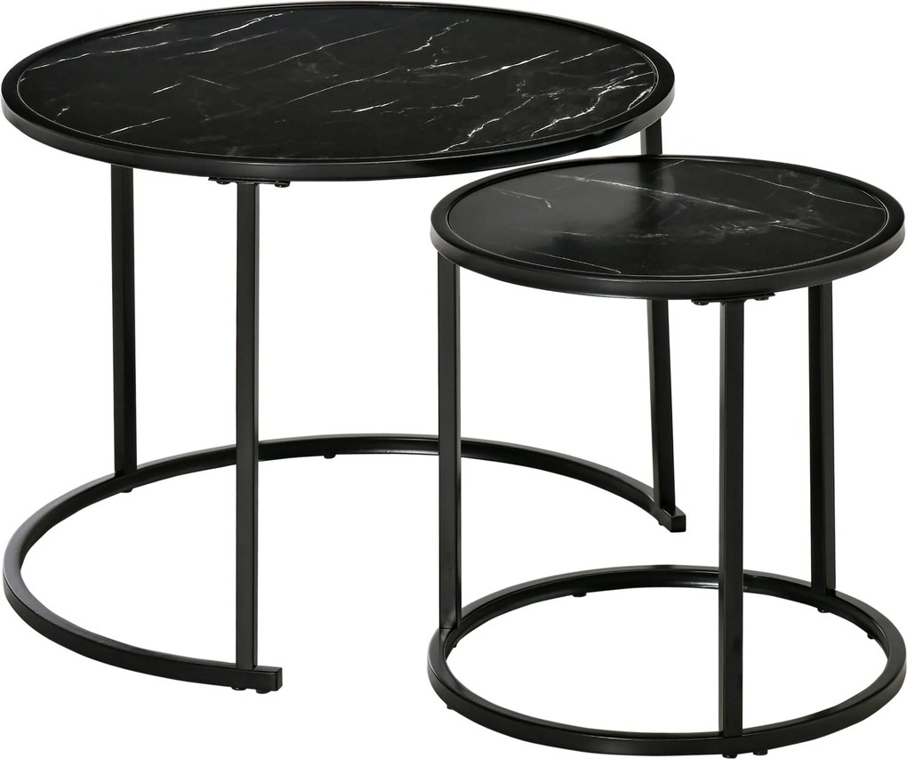HOMCOM Sada 2 moderních stohovatelných kulatých stolů s deskou z imitace mramoru a ocelovým rámem Ø60x46 cm a Ø40x40 cm černá | Aosom