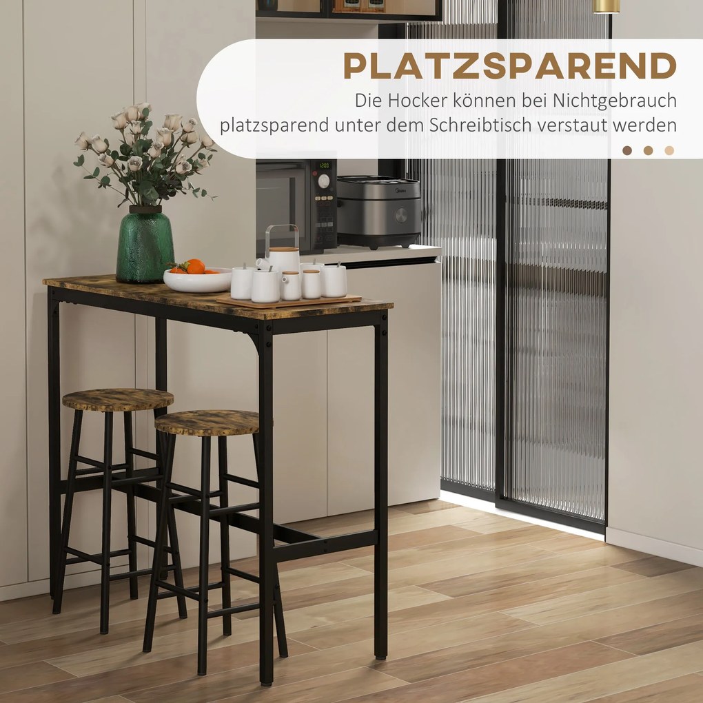 HOMCOM Barový set, 3dílný barový stůl s barovou židlí, jídelní skupina v industriálním designu, kuchyňský stůl se 2 barovými židlemi, do jídelny, kuc…