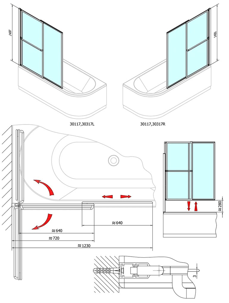 Polysan OLBIA vanová zástěna s pneumatickým zdvihem, š. 1230mm, stříbrná, čiré sklo - 30317