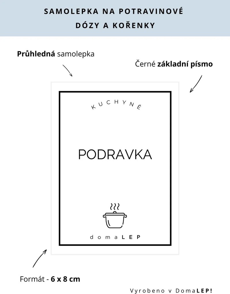 PODRAVKA – průhledná samolepka na dózu, základní písmo, 6 x 8 cm | DomaLEP