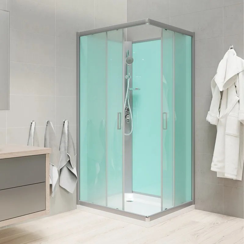 Sprchový box, čtvercový, 90cm, satin ALU, sklo Point, zadní stěny zelené, litá vanička, bez stříšky (CK34122M) Mereo