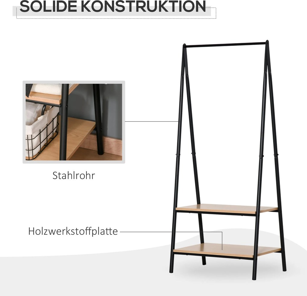 HOMCOM Stojan na oblečení s policí na boty, kovový + dřevěný, černý + přírodní, 64 x 42,5 x 149 cm
