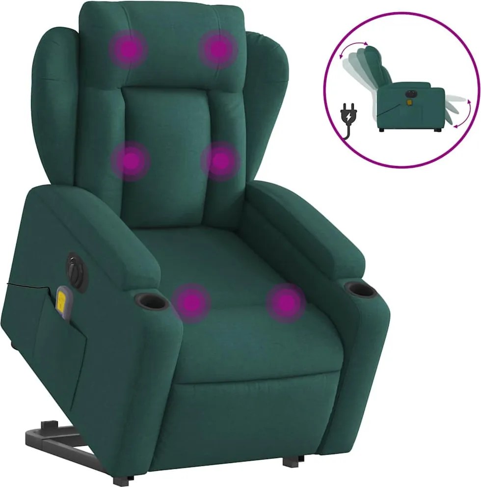 Elektrické zvedací masážní polohovací křeslo zelené textil 3204524