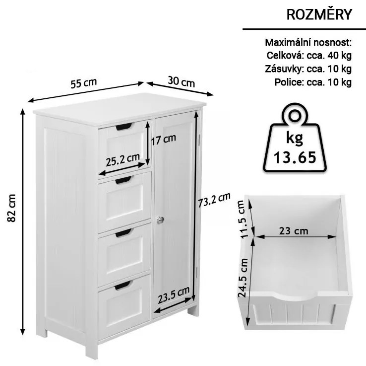 78628 Miadomodo Úložná skříňka se 4 šuplíky, 55 x 30 x 82 cm, bílá