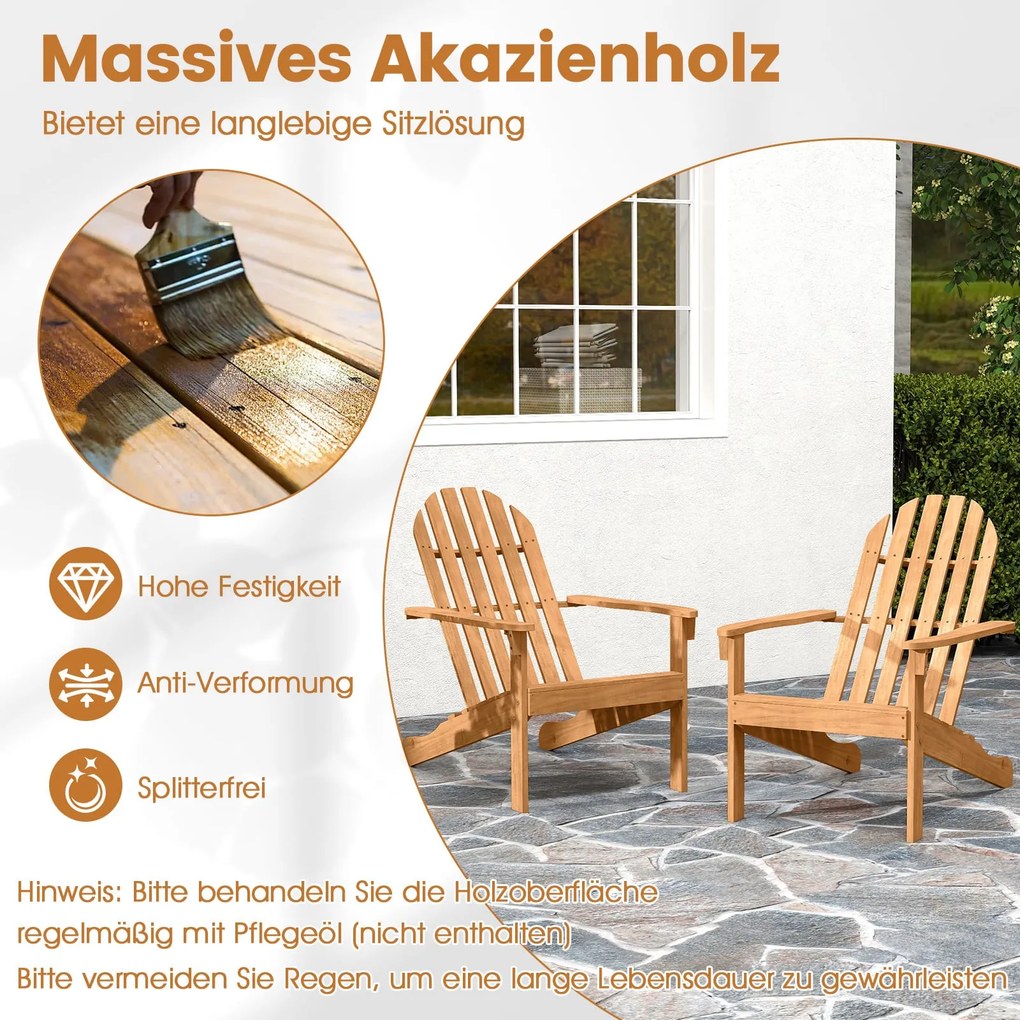 Costway Sada 2 židlí Adirondack, zahradní židle z akáciového dřeva se šikmým