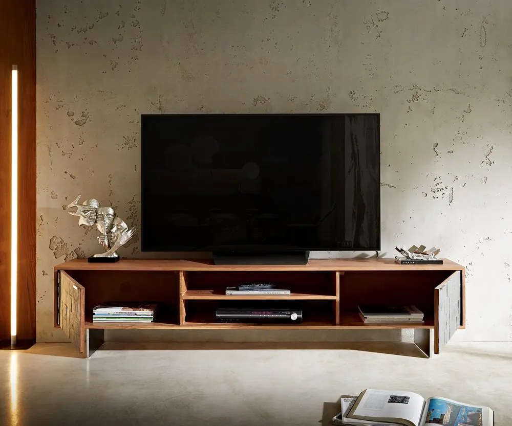 TV stolek Teele 200 cm přírodní akácie břidlice 2 dvířka podnož