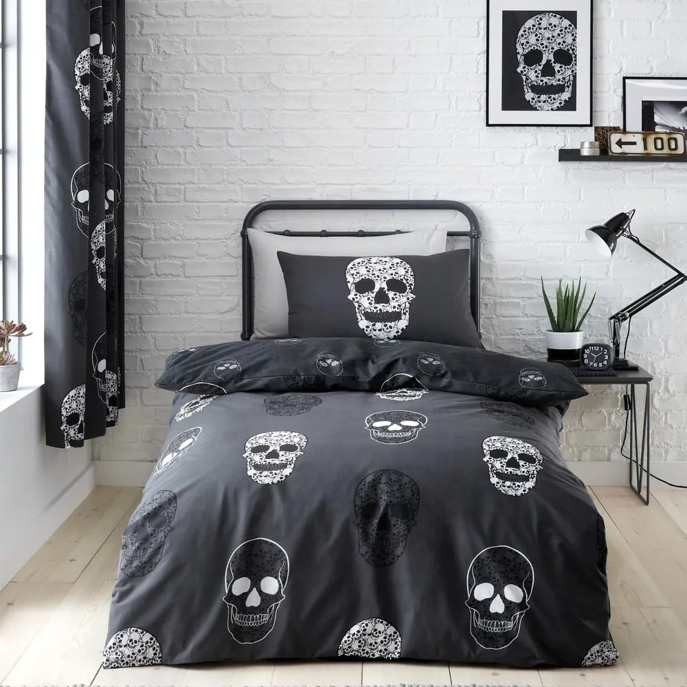 Tmavě šedé dětské povlečení na jednolůžko 135x200 cm Skulls – Catherine Lansfield