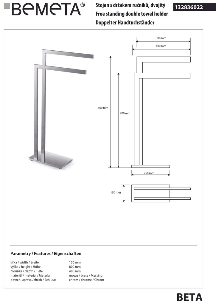 Bemeta Design BETA: Stojan s držákem ručníků dvojitý -