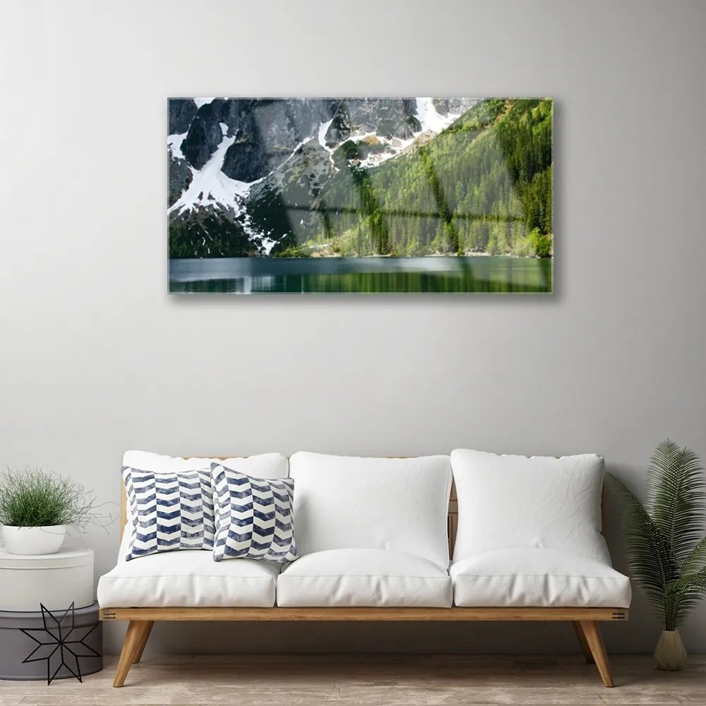 Obraz na skle Jezero Les Hory Krajina 125x50 cm
