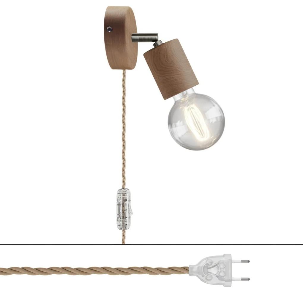 creative cables Spostaluce, nástěnná dřevěná lampa s nastavitelným kovovým kloubem, vypínačem a zástrčkou Barva: Neutrální-matný chrom