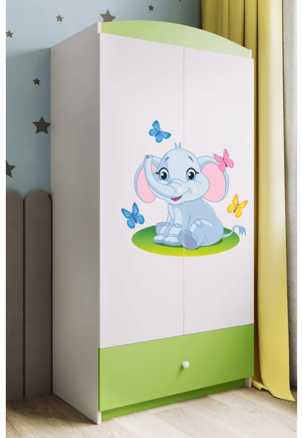 Dětská skříň Babydreams 90 cm slon s motýlky zelená